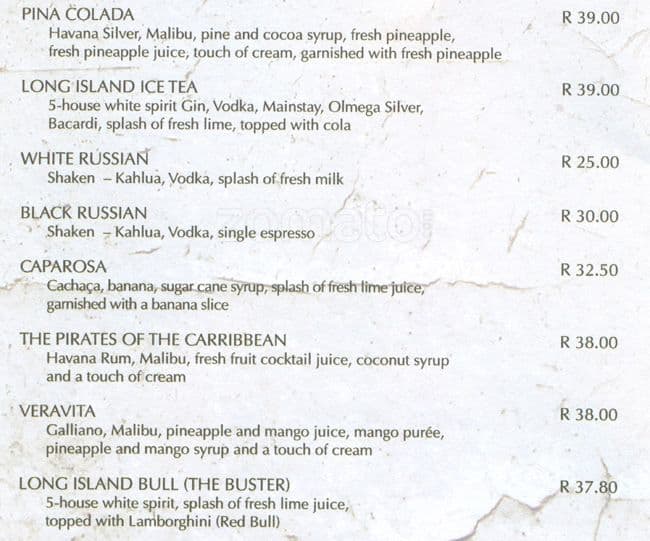Menu at Vera Vita restaurant, Johannesburg South