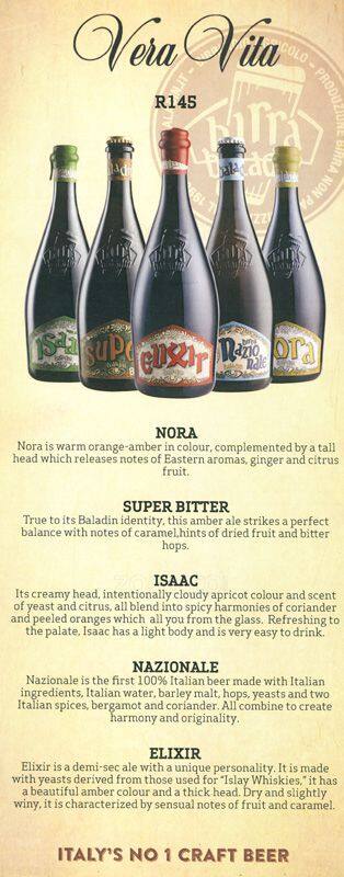 Menu at Vera Vita restaurant, Johannesburg South