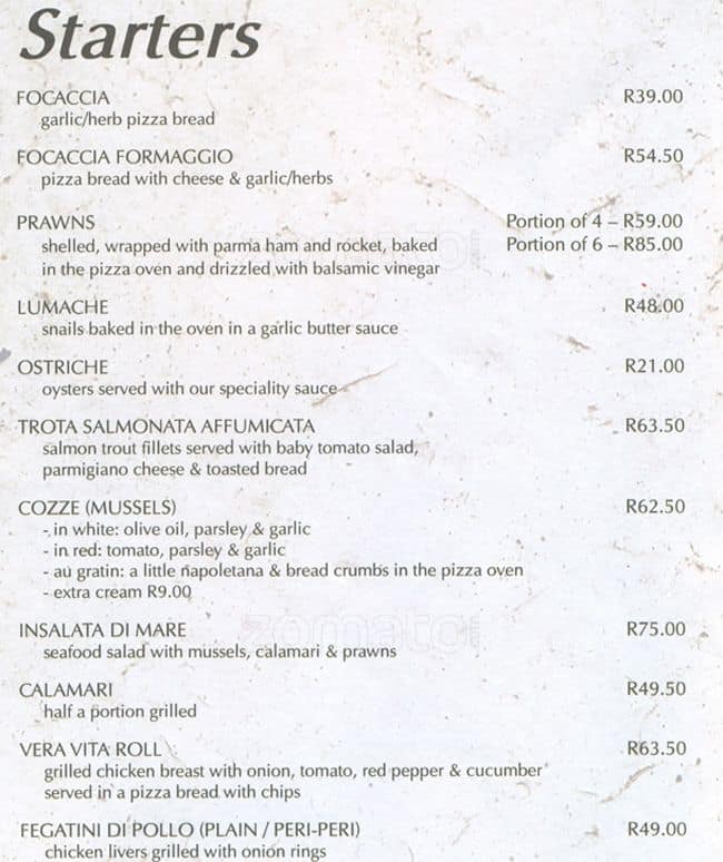 Menu at Vera Vita restaurant, Johannesburg South