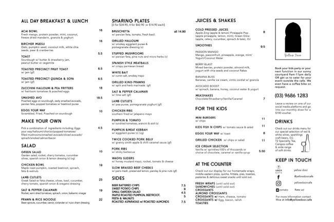 Menu at Yellow Door Albert Park cafe, Albert Park, 119 Dundas Pl