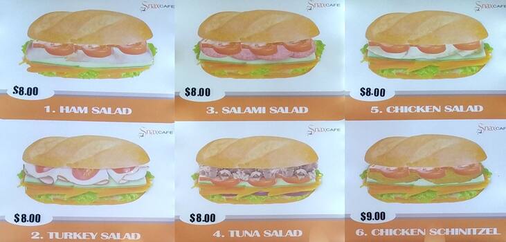 Menu at Snax Deli cafe, North Melbourne