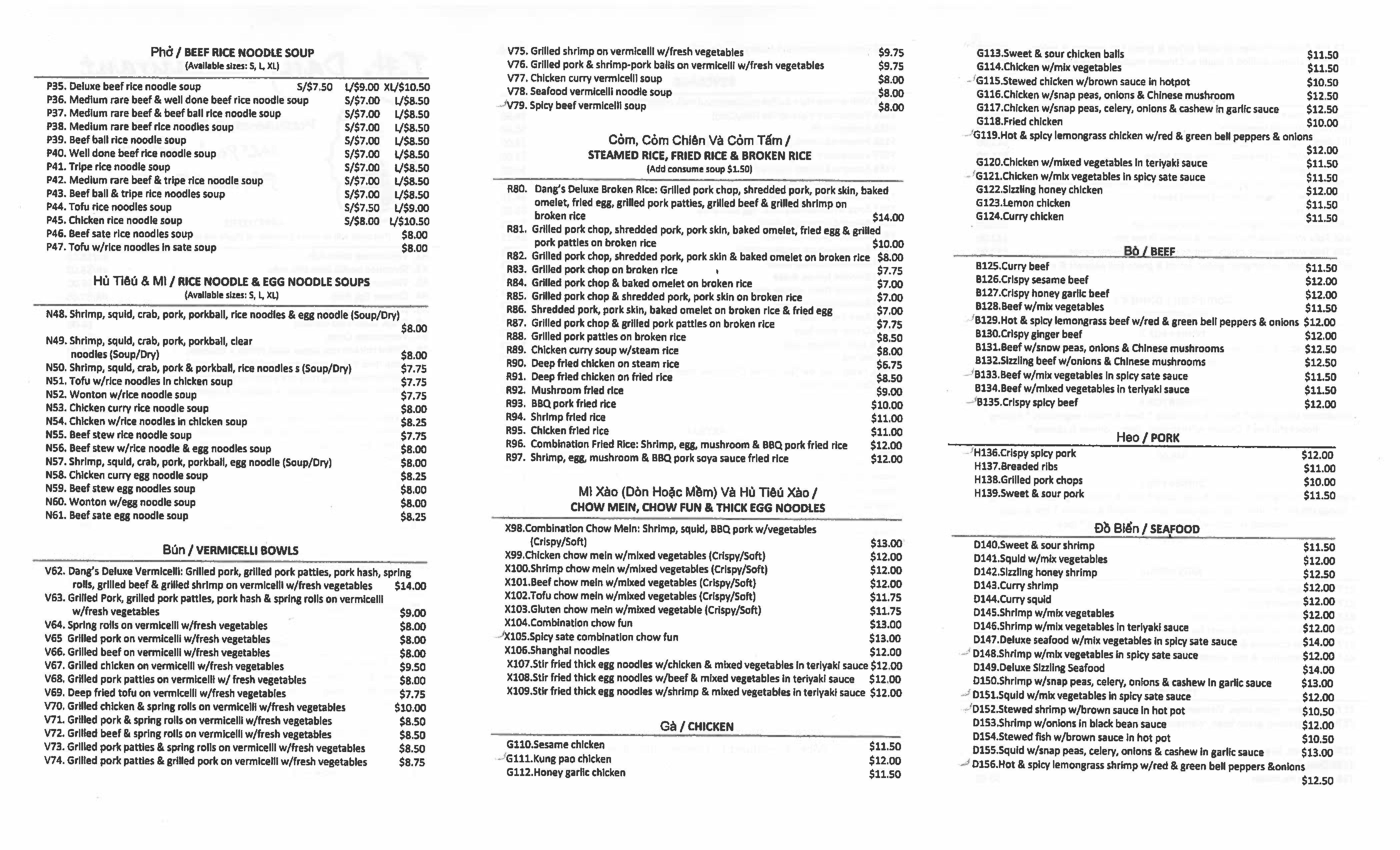 Menu at T.H. Dang Restaurant, Winnipeg
