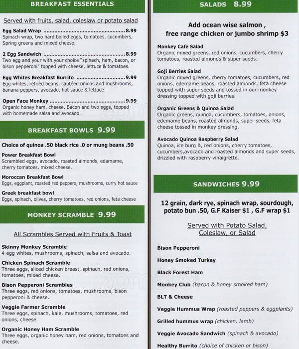 Menu at Healthy Monkey cafe, Surrey