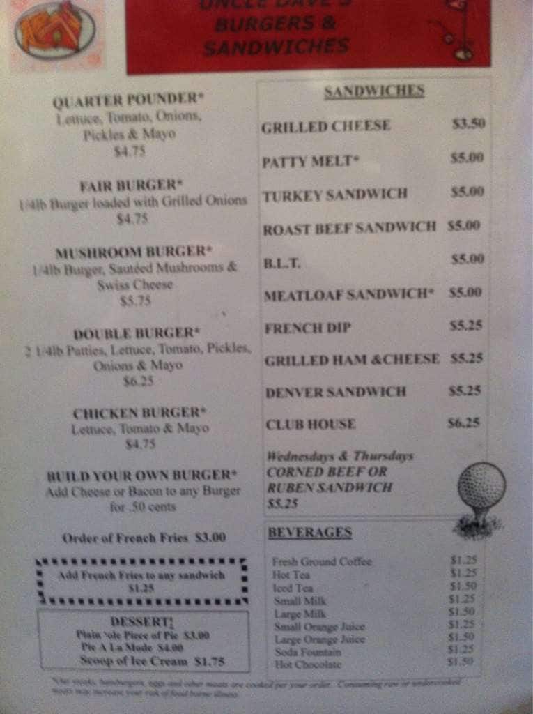 Menu at UNCLE Dave's Cafe, Port Orchard