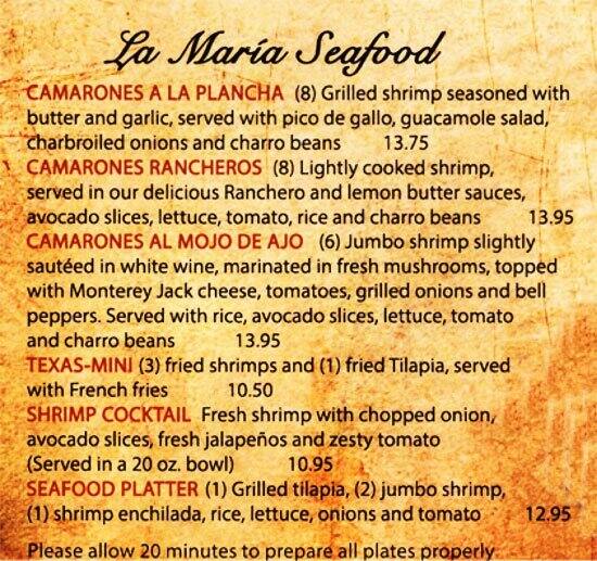 Menu at La Maria restaurant, Houston, Stuebner Airline Rd