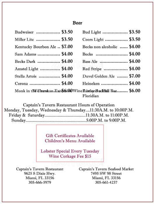 Menu at Captain's Tavern Restaurant, Miami, S Dixie Hwy