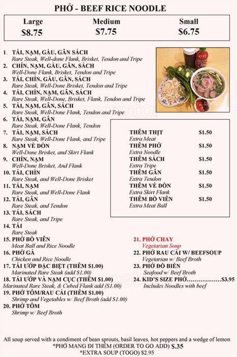 Menu at Pho Duy Denver restaurant, Denver, 925 S Federal Blvd