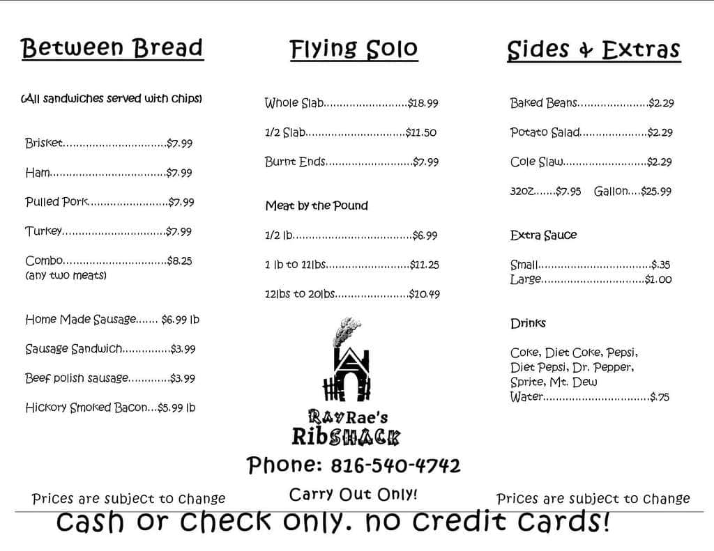 Menu at Ray Rae's Rib Shack BBQ, Kansas City