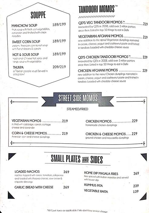 Menu of QD's Restaurant, Netaji Subhash Place, New Delhi