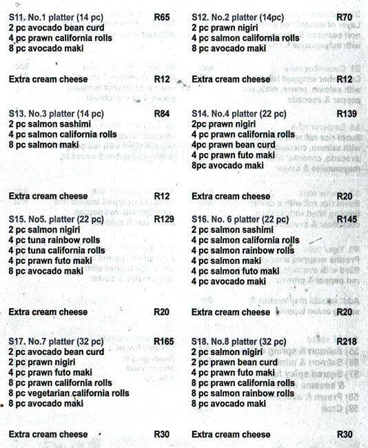 Menu at JC Chinese Restaurant, Bloemfontein