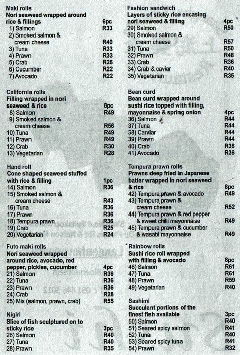 Menu at JC Chinese Restaurant, Bloemfontein