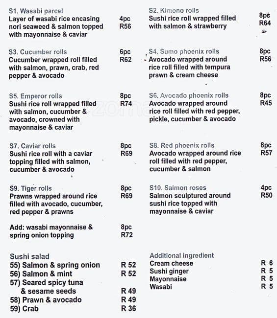 Menu at JC Chinese Restaurant, Bloemfontein