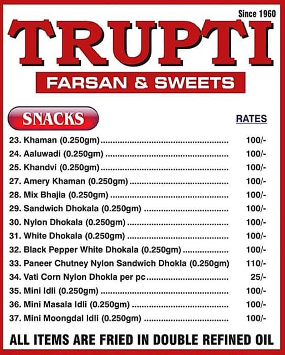 Menu of Trupti Farsan & Sweets, Near Andheri West Station, Mumbai