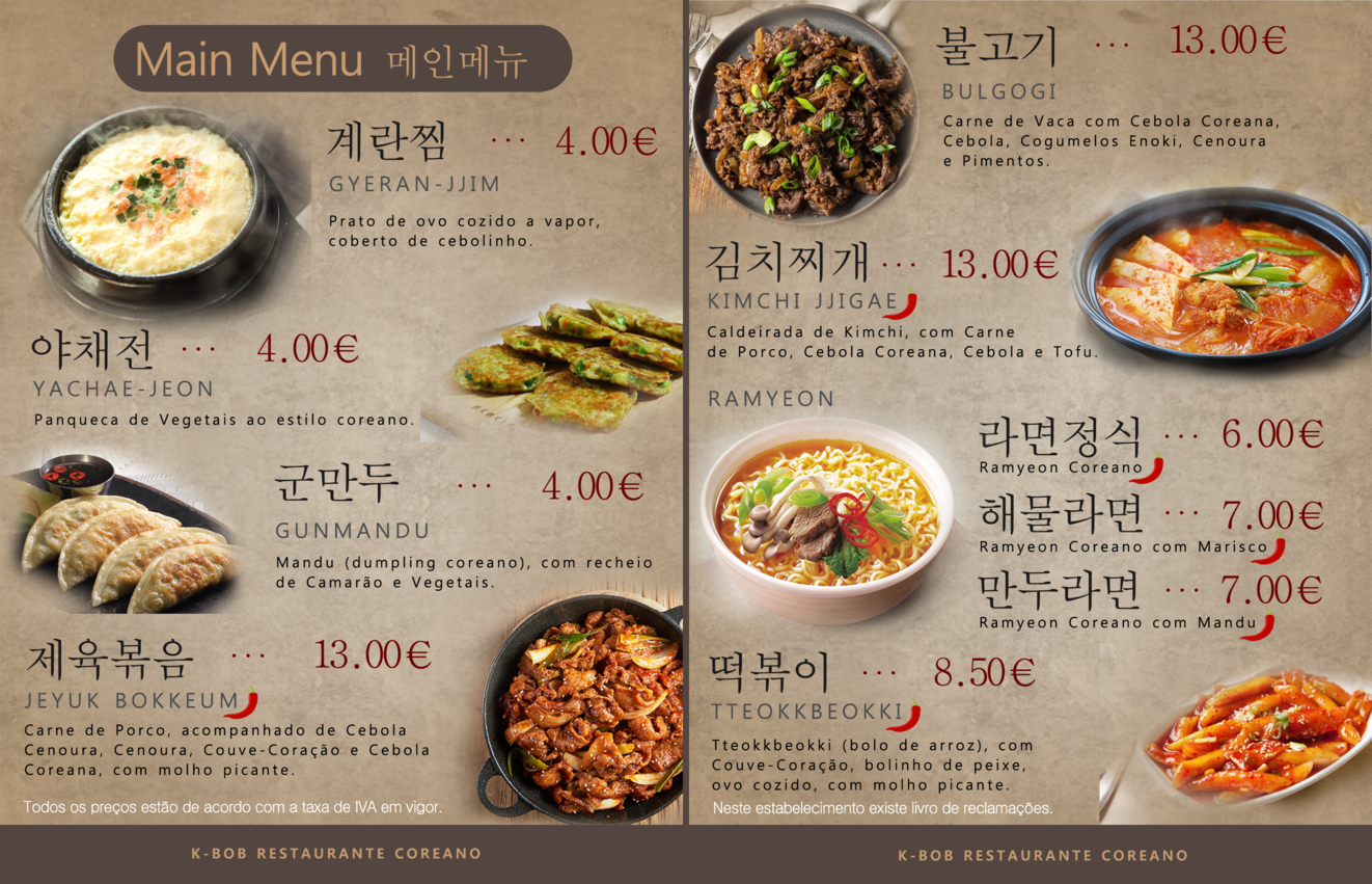 Menu at K-BoB restaurant, Lisbon, Avenida Ressano Garcia 41A