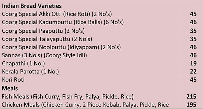 Menu at Coorg Food Factory, Bengaluru