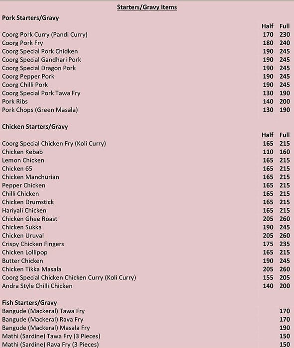 Menu at Coorg Food Factory, Bengaluru