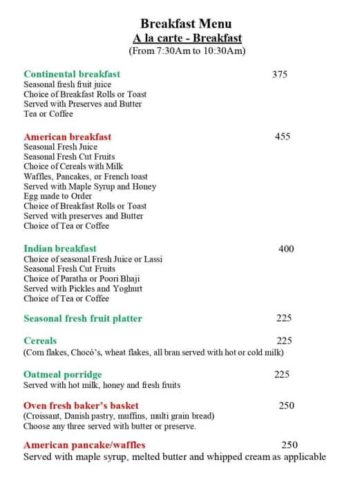 Menu of Sterling Jaisinghgarh, Chandpole, Udaipur