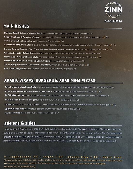 Menu of Zinn Cafe, Dubai Sports City, Dubai