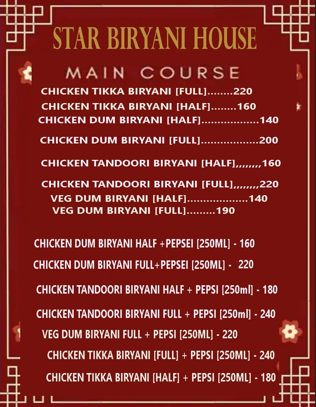 Menu of Star Biryani House, Ulwe, Navi Mumbai