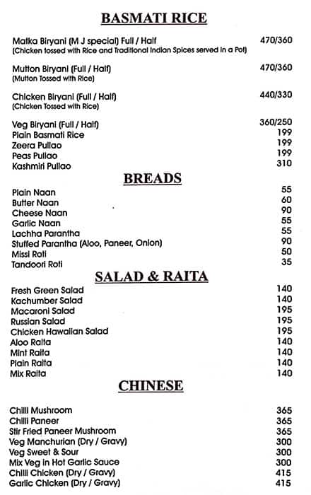 Menu at MJ Restaurant - MJ Residency, Dehradun