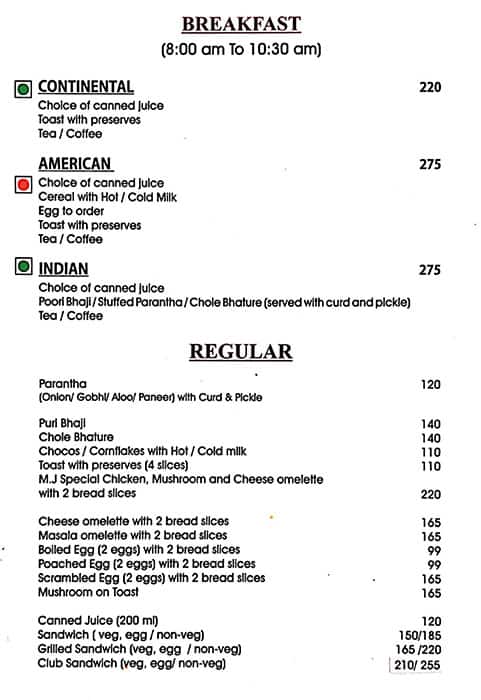 Menu at MJ Restaurant - MJ Residency, Dehradun