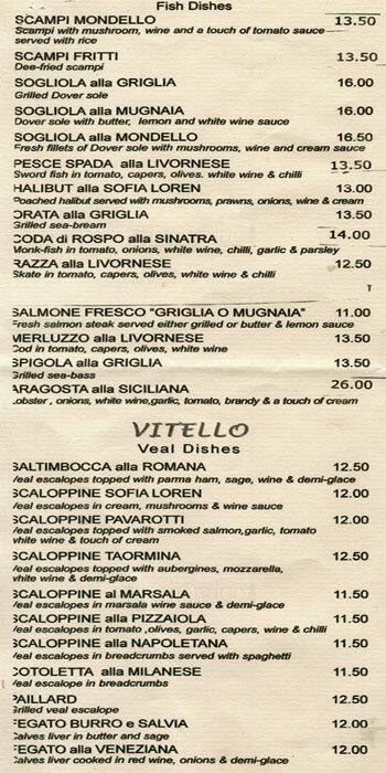 Menu at Trattoria MONDELLO restaurant, London