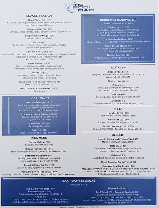 Menu at Pool Bar - Fairmont Hotel, Makati