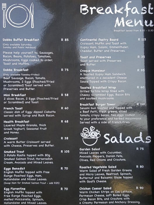 Menu at Dobbs House Country Cafe, South Africa