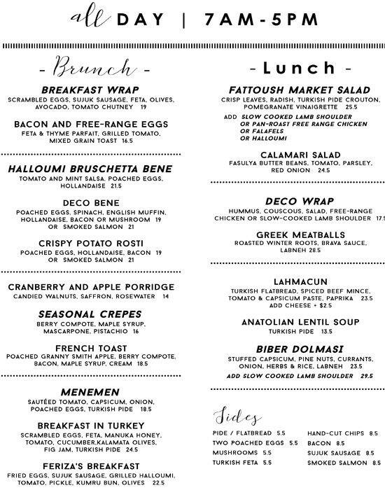 Deco Eatery Menu, Menu v reštaurácii Deco Eatery, Titirangi, Auckland ...