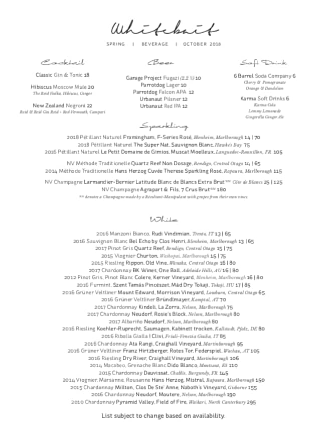 Menu at Whitebait restaurant, Wellington, G04/1 Clyde Quay Wharf