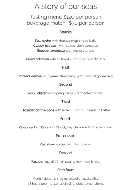 Menu at Whitebait restaurant, Wellington, G04/1 Clyde Quay Wharf
