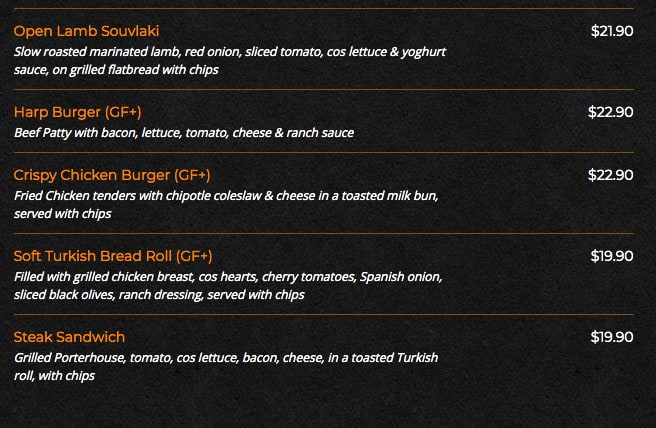 Menu at Harp of Erin Hotel restaurant, Kew East