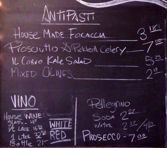 Menu at Il Corvo restaurant, Seattle