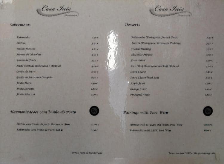 Menu em Casa Inês restaurante, Porto, R. de Miraflor 20