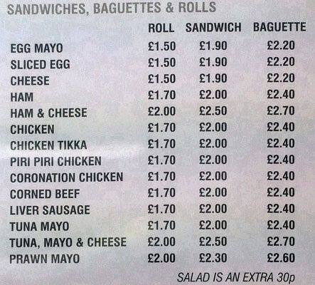 Menu at Sandwich Bar, Sidcup, 69 High Street