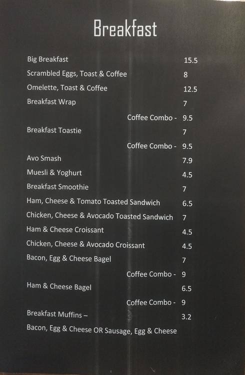 Menu at Cafe Django, Brisbane City