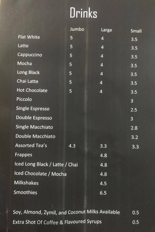 Menu at Cafe Django, Brisbane City