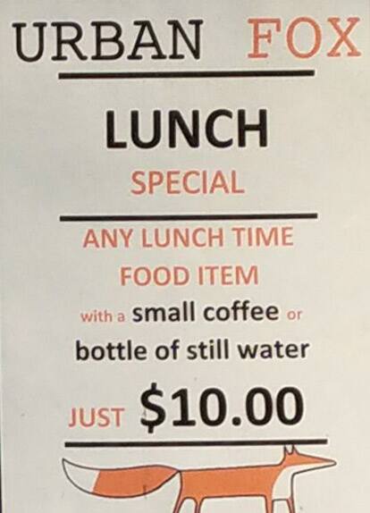 Menu at Urban Fox cafe, Melbourne