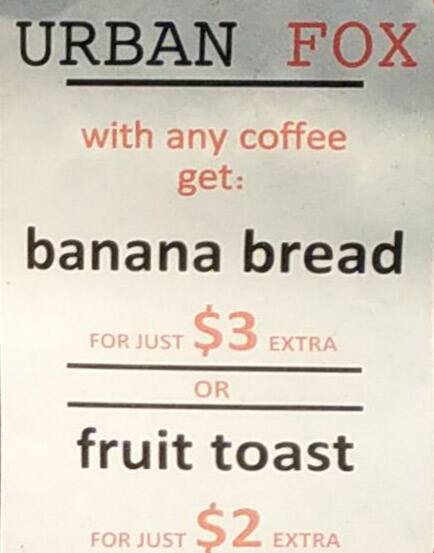 Menu at Urban Fox cafe, Melbourne