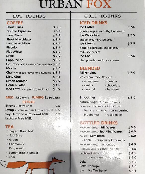 Menu at Urban Fox cafe, Melbourne