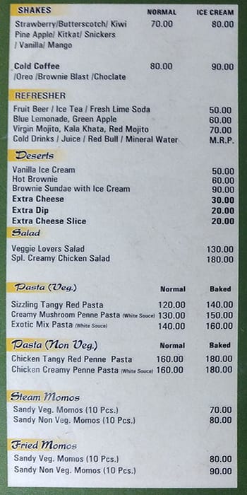 Menu of Sandy Sandwich Corner, Shastri Nagar, Jalandhar