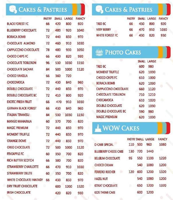 Menu of O-Cakes, Powai, Mumbai