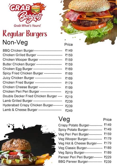 Menu of GRAB Burgers, Panjagutta, Hyderabad