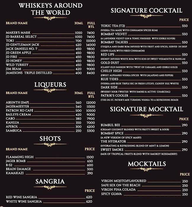 Menu of Bombay High Raising the Bar, Mahalunge, Pune