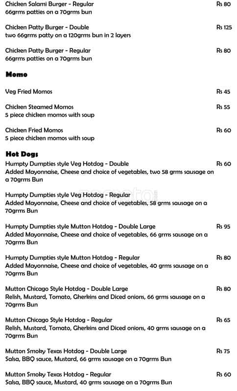 Menu at Humpty Dumpties, Bengaluru