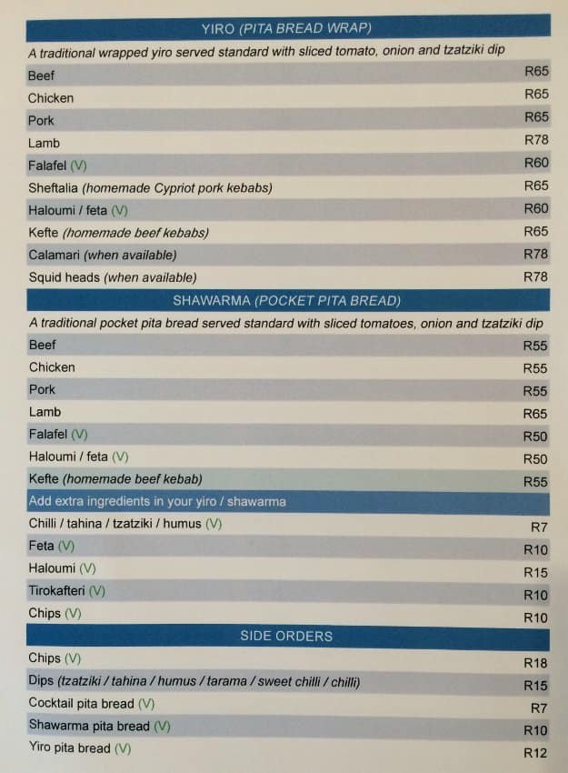 Menu at Zorbas Taverna restaurant, Boksburg