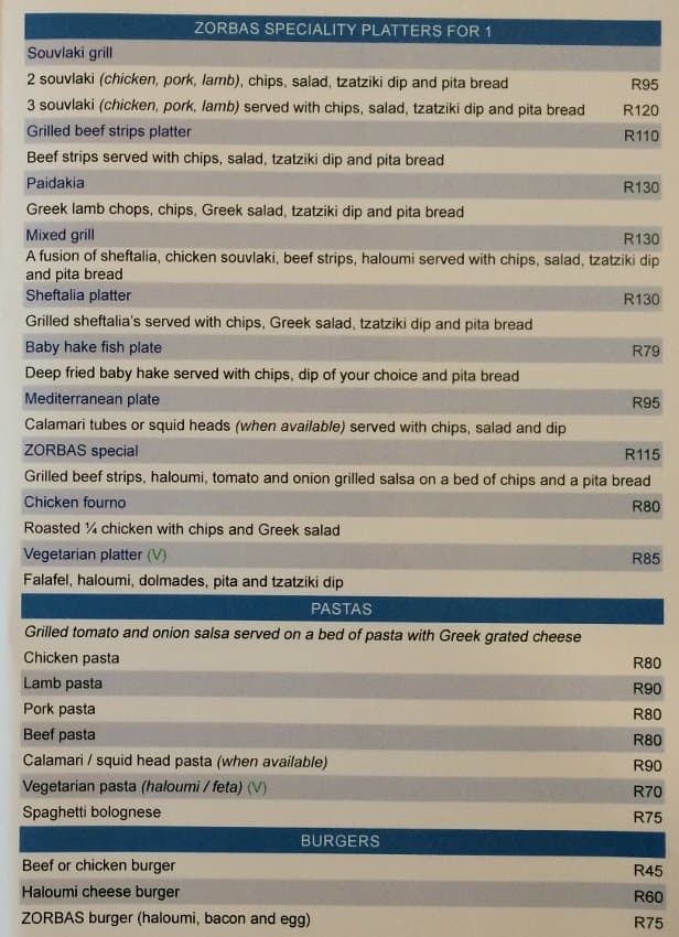 Menu at Zorbas Taverna restaurant, Boksburg