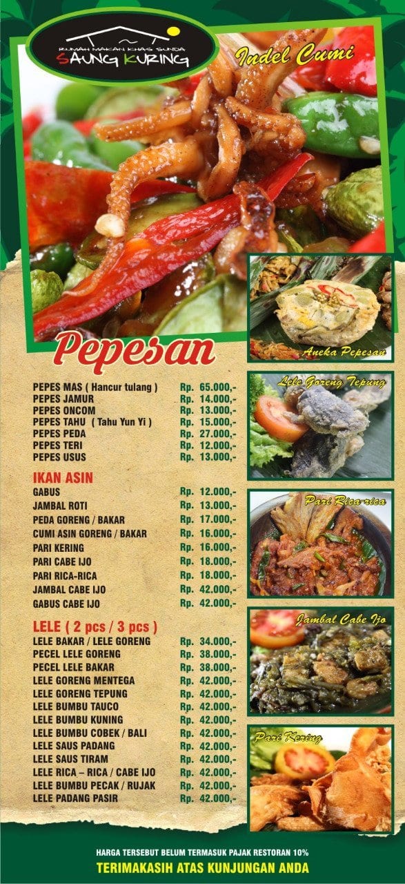 Menu at Saung Kuring restaurant, Bogor, Jalan Raya Puncak KM 75