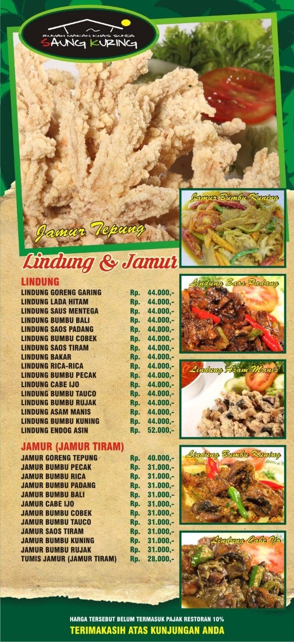 Menu at Saung Kuring restaurant, Bogor, Jalan Puncak Raya KM 75
