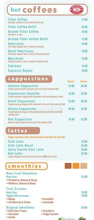Carta de Cafe Dulce, Durban, 10 Lagoon Dr